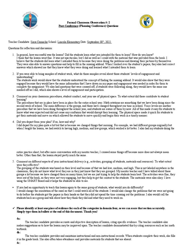 Post Conference Questions Observation 2 | Download Free PDF | Teachers ...