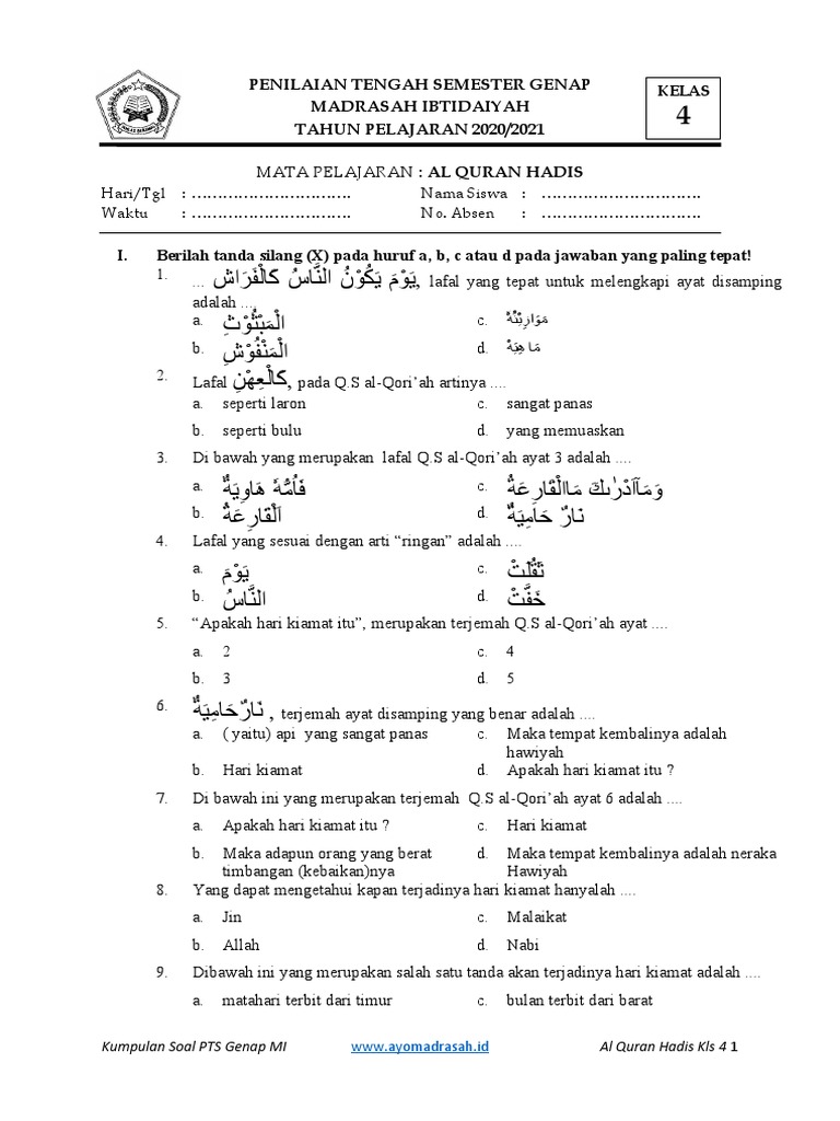 PTS Genap Al Quran Hadis Kls 4 MI Soal Dan Kunci Jawaban | PDF