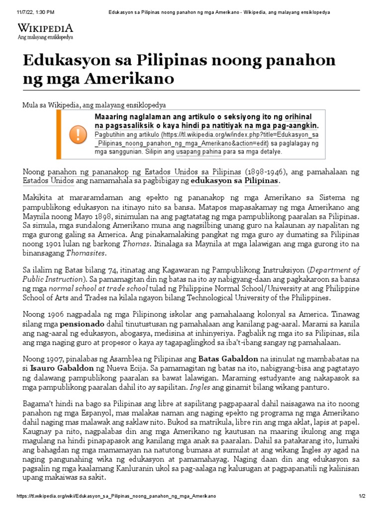 Edukasyon Sa Pilipinas Noong Panahon NG Mga Amerikano - Wikipedia, Ang Malayang Ensiklopedya | PDF