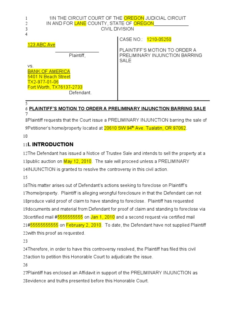 007-Motion For Preliminary Injunction | PDF | Foreclosure | Injunction 007-Motion For Preliminary Injunction | PDF | Foreclosure | Injunction