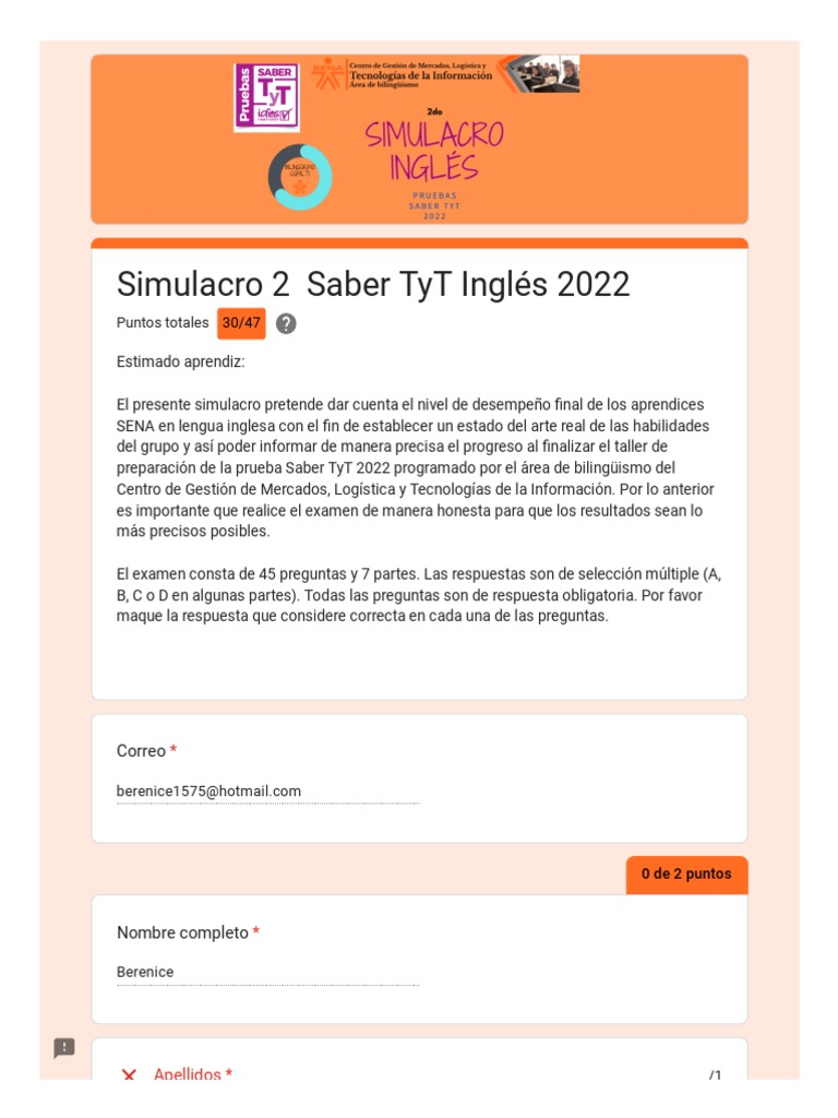 Simulacro 2 Saber TyT Inglés 2022 | PDF