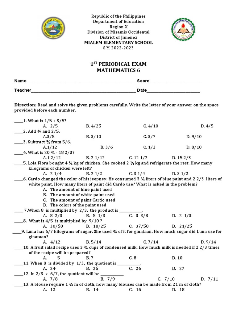 Grade 6 Math 1st Periodical Exam | PDF | Multiplication | Subtraction