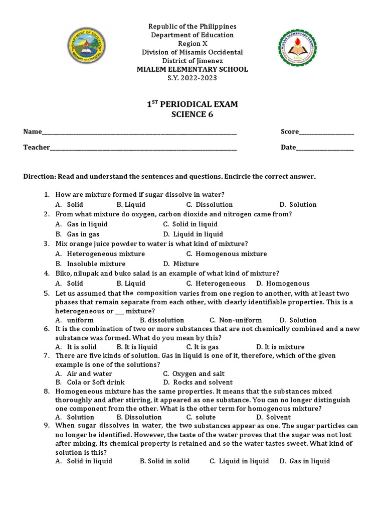 1st Periodical Exam in Science 6 | PDF | Mixture | Solubility