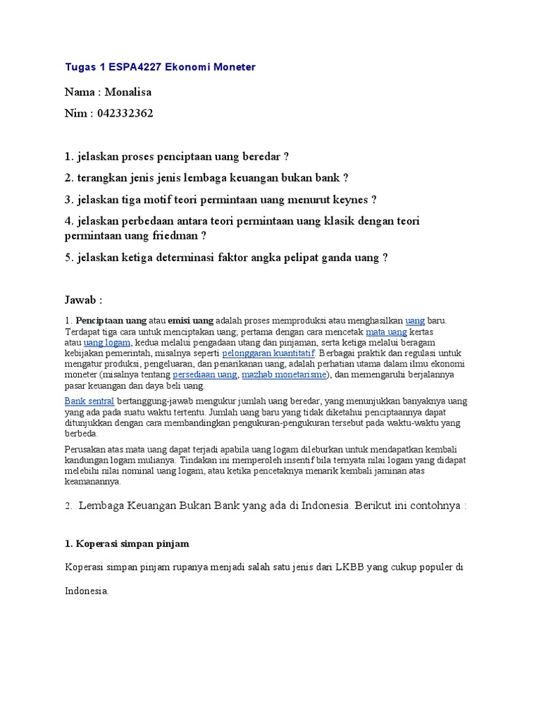 Tugas 1 Ekonomi Moneter | PDF