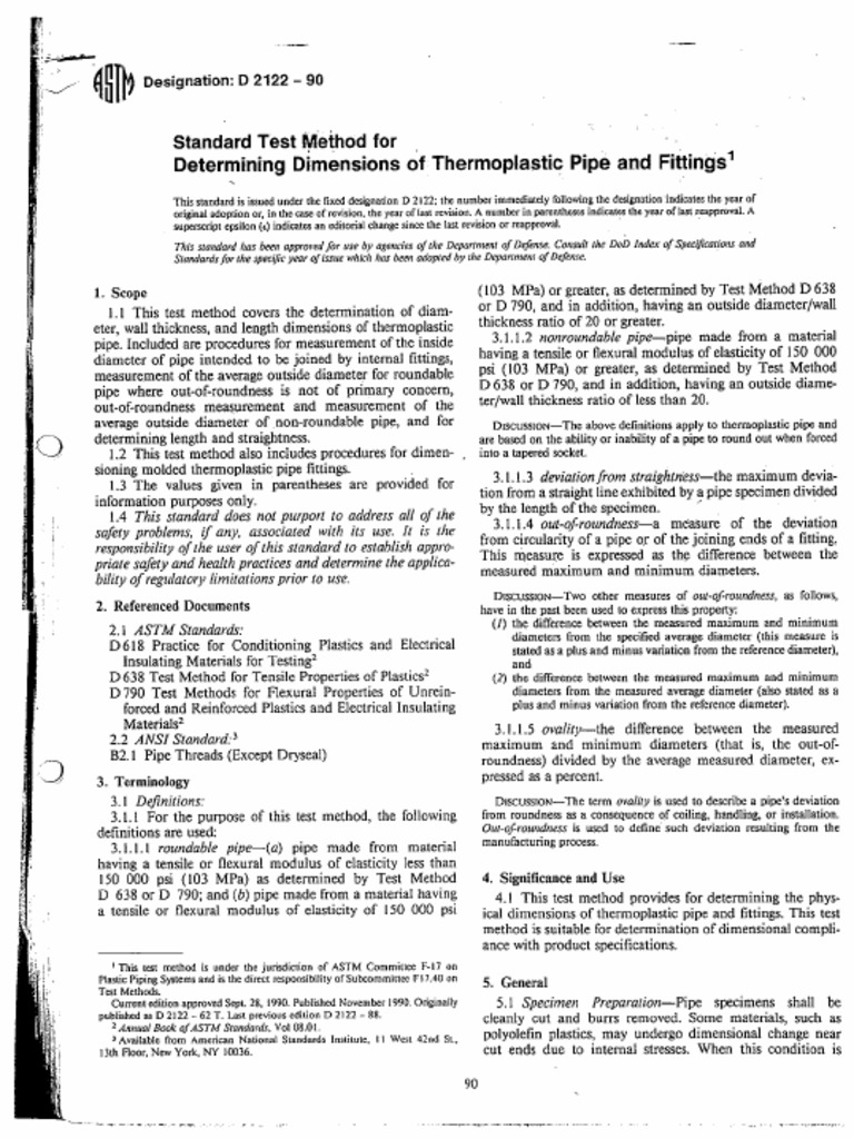 ASTM D2122 - 90 Dimension of Pipe N Fitting | PDF