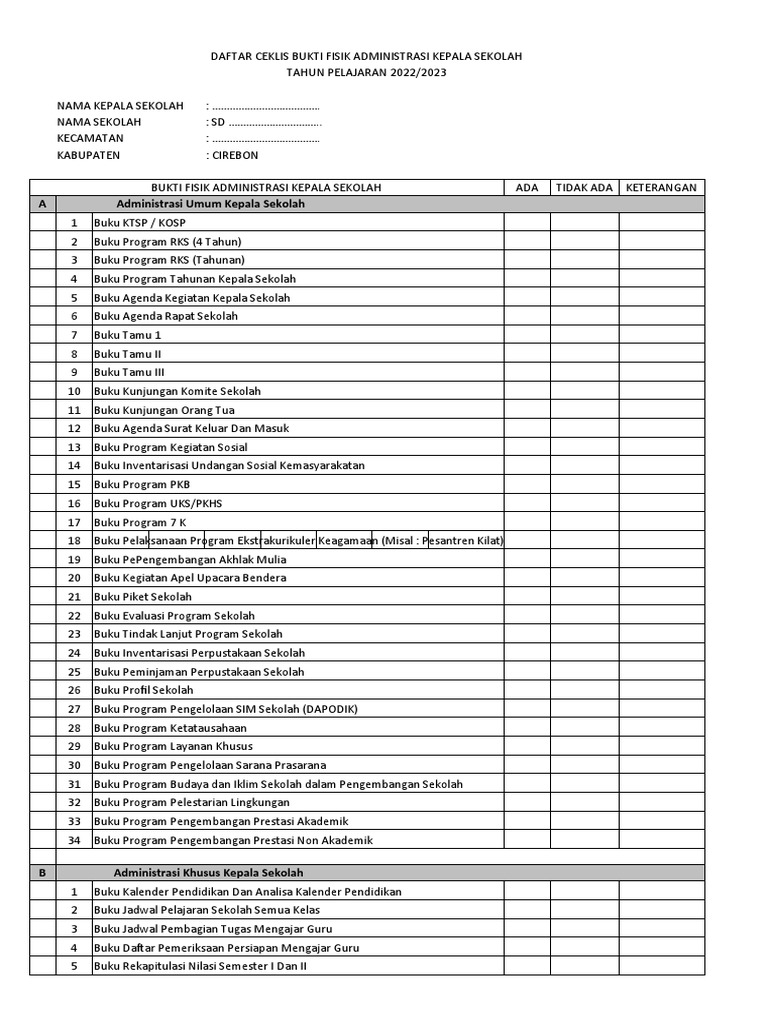 Daftar Ceklis Adm Kepala Sekolah 2022 | PDF