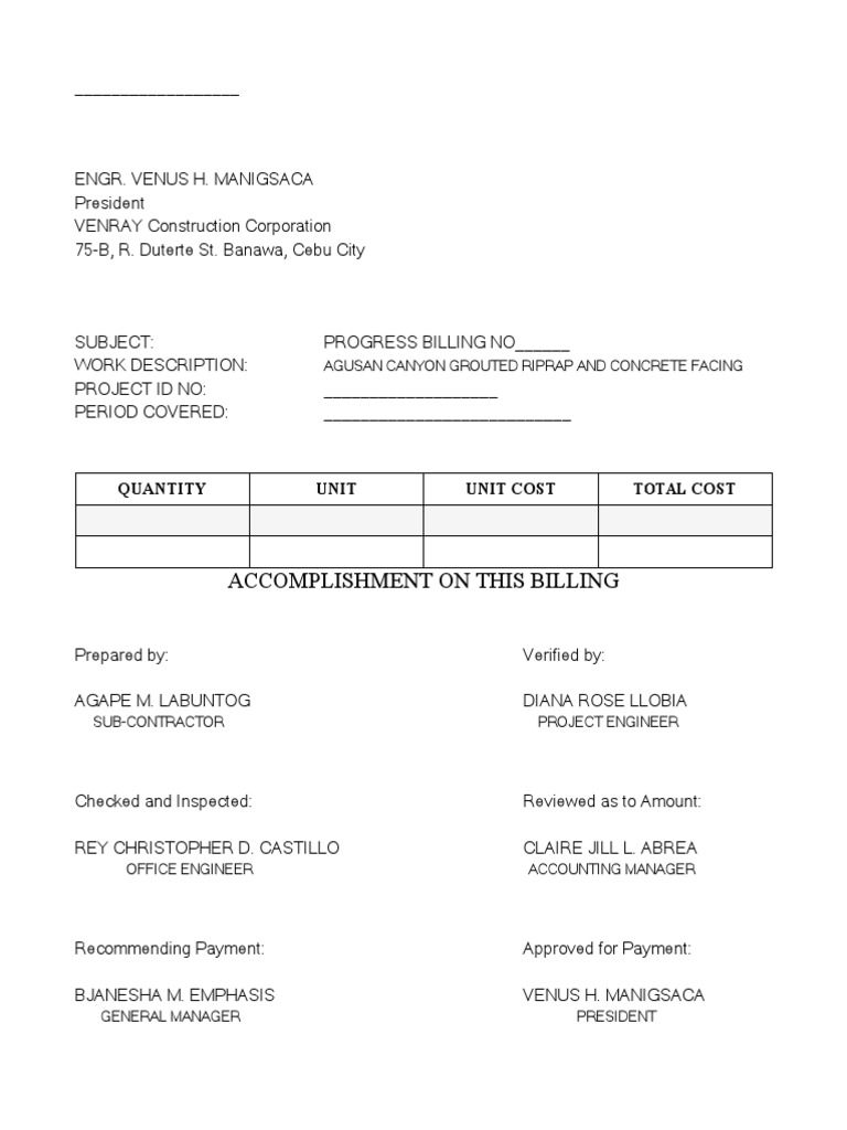 Agusan Canyon Project Billing Form | PDF