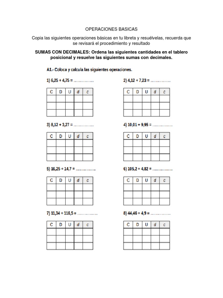 Operaciones Basicas Cuarto Grado | PDF