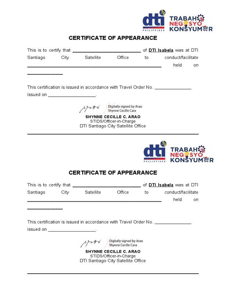 DTI Certificate of Appearance | PDF | Finance & Money Management | Law