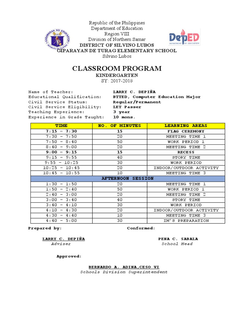 Class Program Kindergarten | PDF