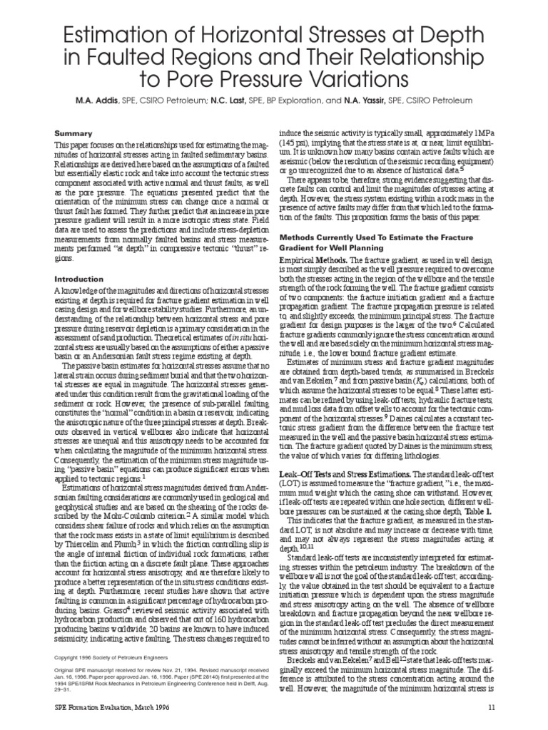 Estimation of Horizontal Stresses at Depth in Faulted Regions and Their ...