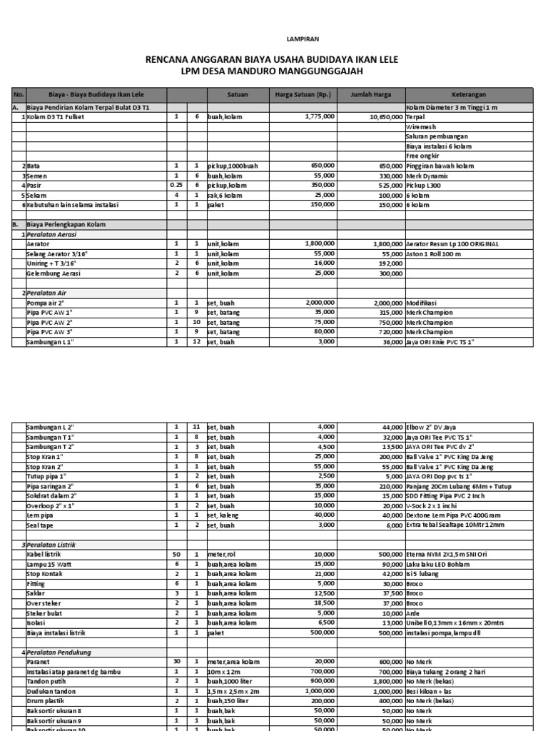 RAB Usaha Budidaya Ikan Lele | PDF
