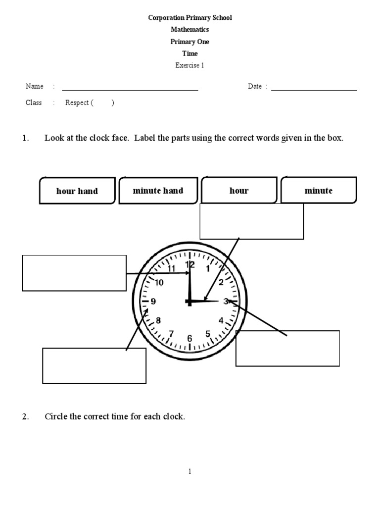 Primary 1 Math Time Exercises | PDF