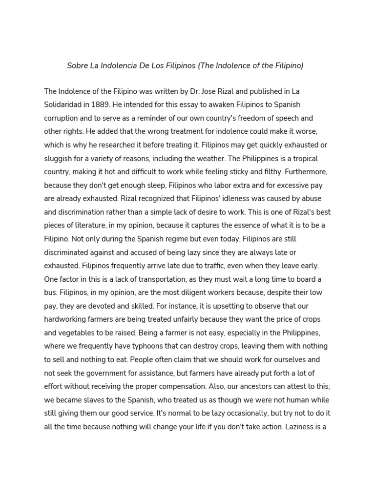 Sobre La Indolencia de Los Filipinos (The Indolence of The Filipino) | PDF