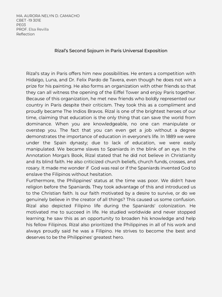 Reflection - Rizal's Second Sojourn in Paris Universal Exposition | PDF