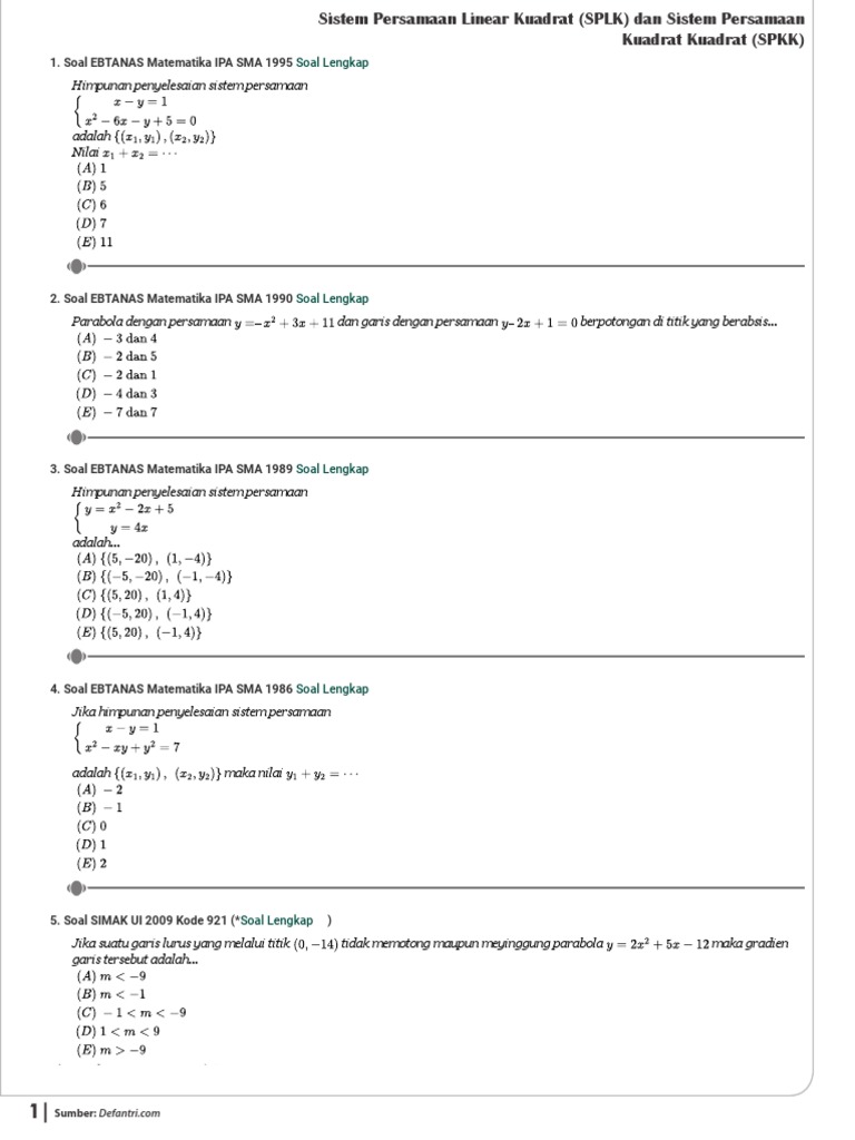 10 Sistem Persamaan Linear Kuadrat (SPLK) Dan Sistem Persamaan Kuadrat Kuadrat (SPKK) (Soal ...