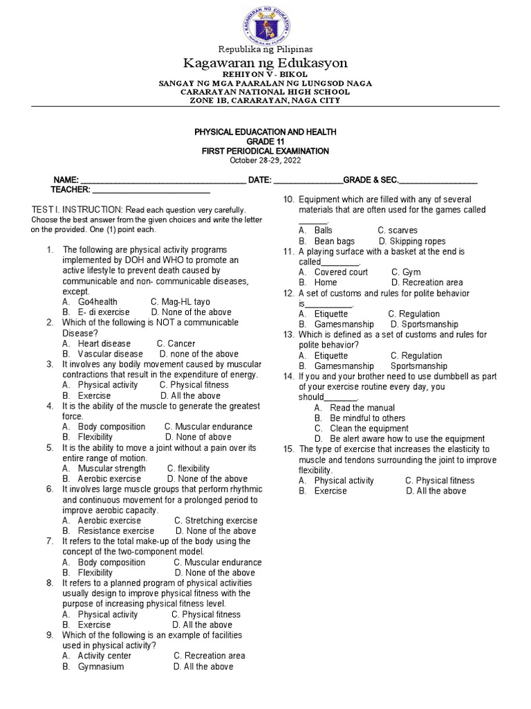 Grade 11 Physical Education 1ST Periodical Exam | PDF | Flexibility (Anatomy) | Physical Fitness