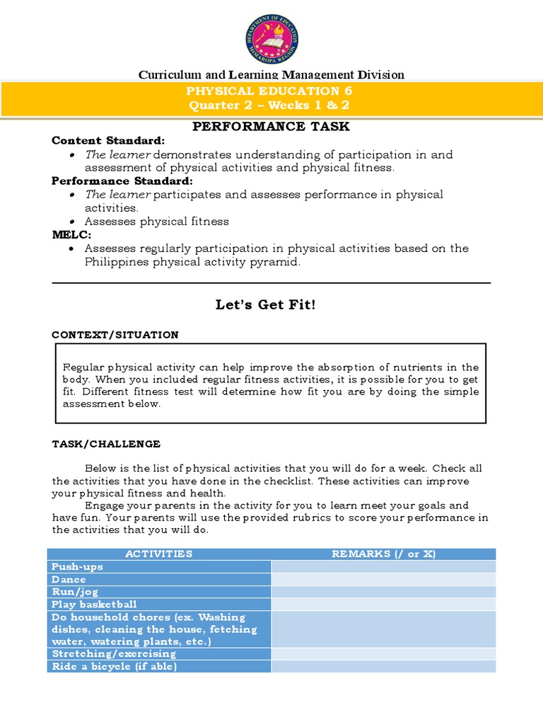 Peformance Task in Assessment On Physical Activities | PDF | Learning ...