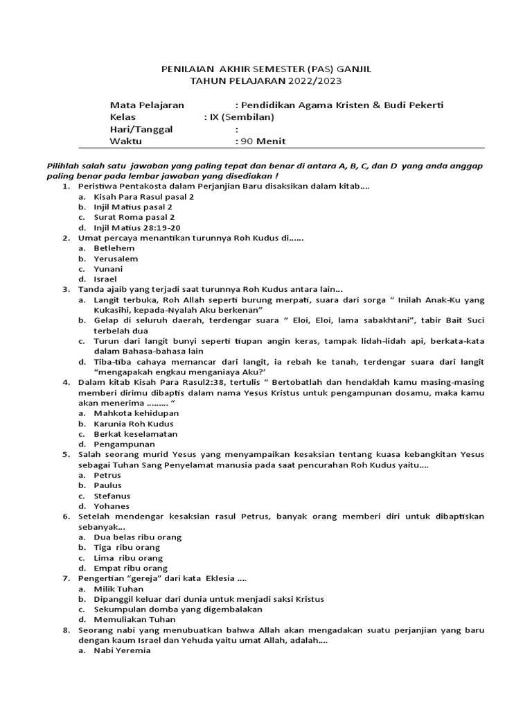 Naskah Soal PAS Ganjil TP 2022-2023 PAKBP Kls 9 | PDF | Agama & Spiritualitas