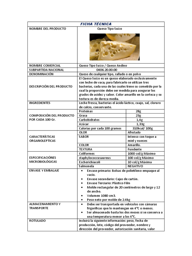 FICHA TÉCNICA DE QUESO TIPO SUIZO (1) | PDF | Queso | Leche