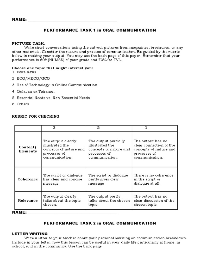 Perpormance Task in Oral Comm | PDF | Essays | Rubric (Academic)
