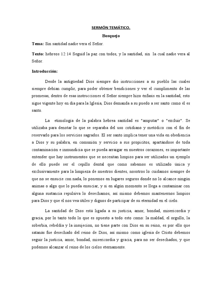 Sermón Temático Bosquejo | PDF | Santo | Oración