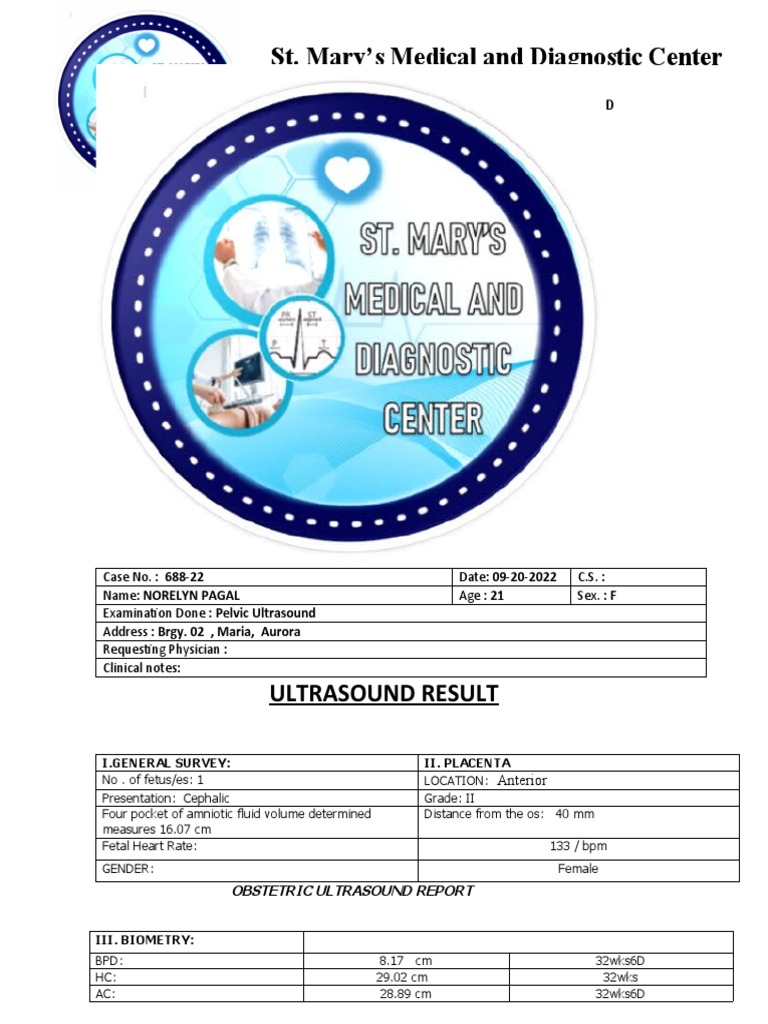 Obstetric Ultrasound Report for Norelyn Pagal Indicating a Healthy 32 ...