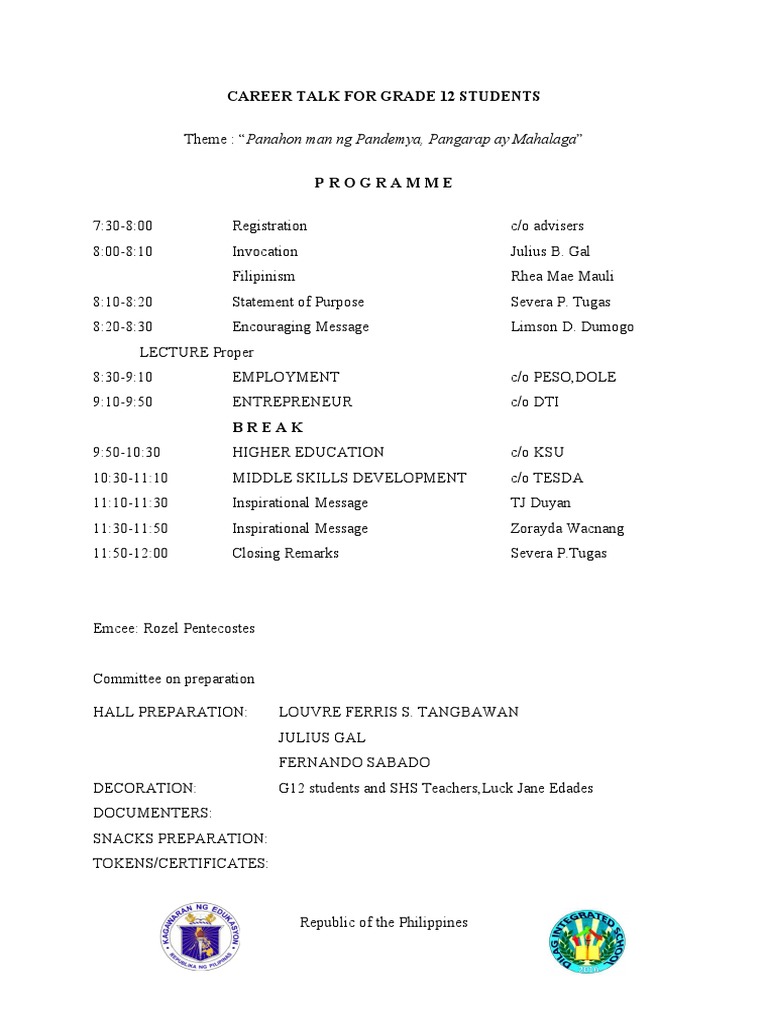Career Talk for Grade 12 Students | PDF | Educational Stages