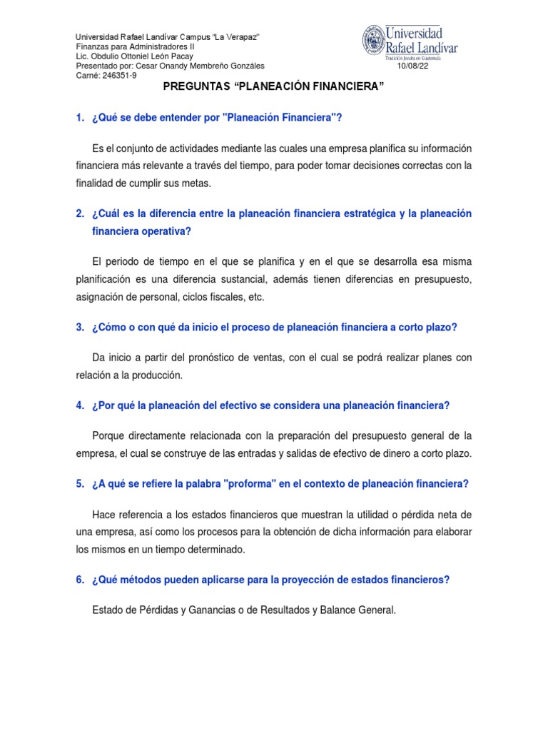 Preguntas Planeación Financiera Finanzas II | PDF | Planificación | Presupuesto