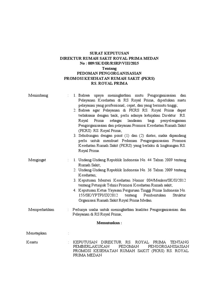 SK Pemberlakuan Pedoman Pengorganisasian PKRS | PDF | Bisnis | Kesehatan Holistik