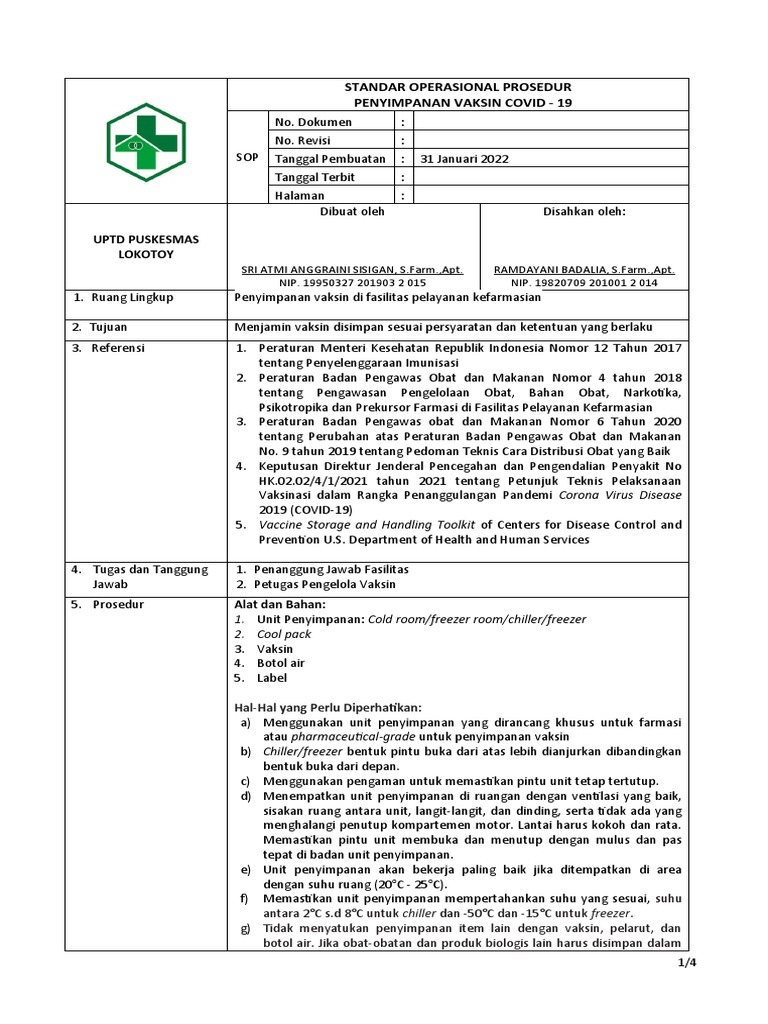 SOP Penyimpanan Vaksin COVID-19 | PDF | Sains & Matematika | Griya & Taman