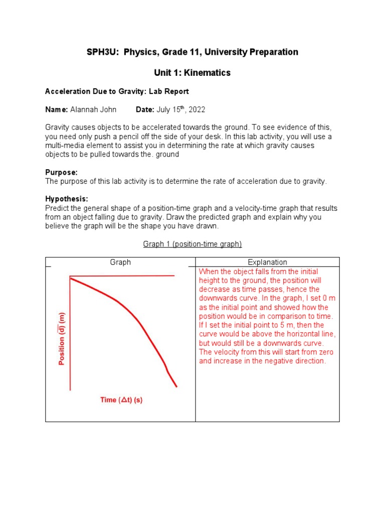 Unit 1 Lab Handout - Calculating The Acceleration Due To The Force of ...