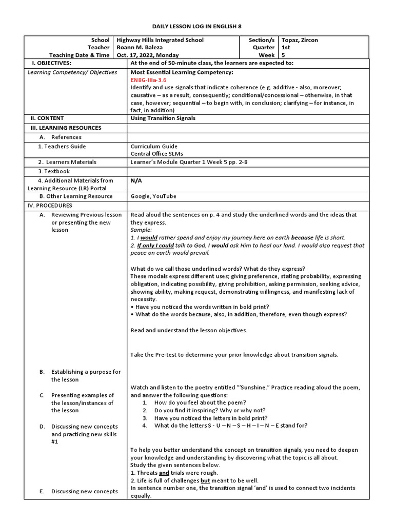 Lesson Plan On English 8 Transition Signals | PDF | Learning | Sentence ...