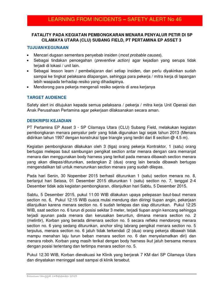 File - Upload - Safety Alert No 46 Fatality SP Cilamaya Field Subang | PDF
