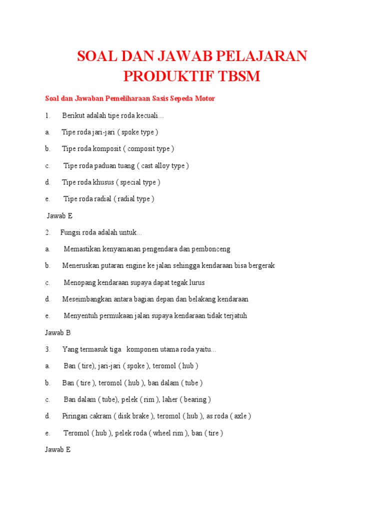 Soal Dan Jawab Pelajaran Produktif TBSM Pas Mei 2022 | PDF
