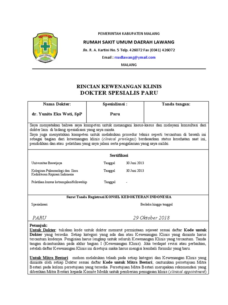 RINCIAN KEWENANGAN KLINIS PARU-dr Yunita-Edit | PDF