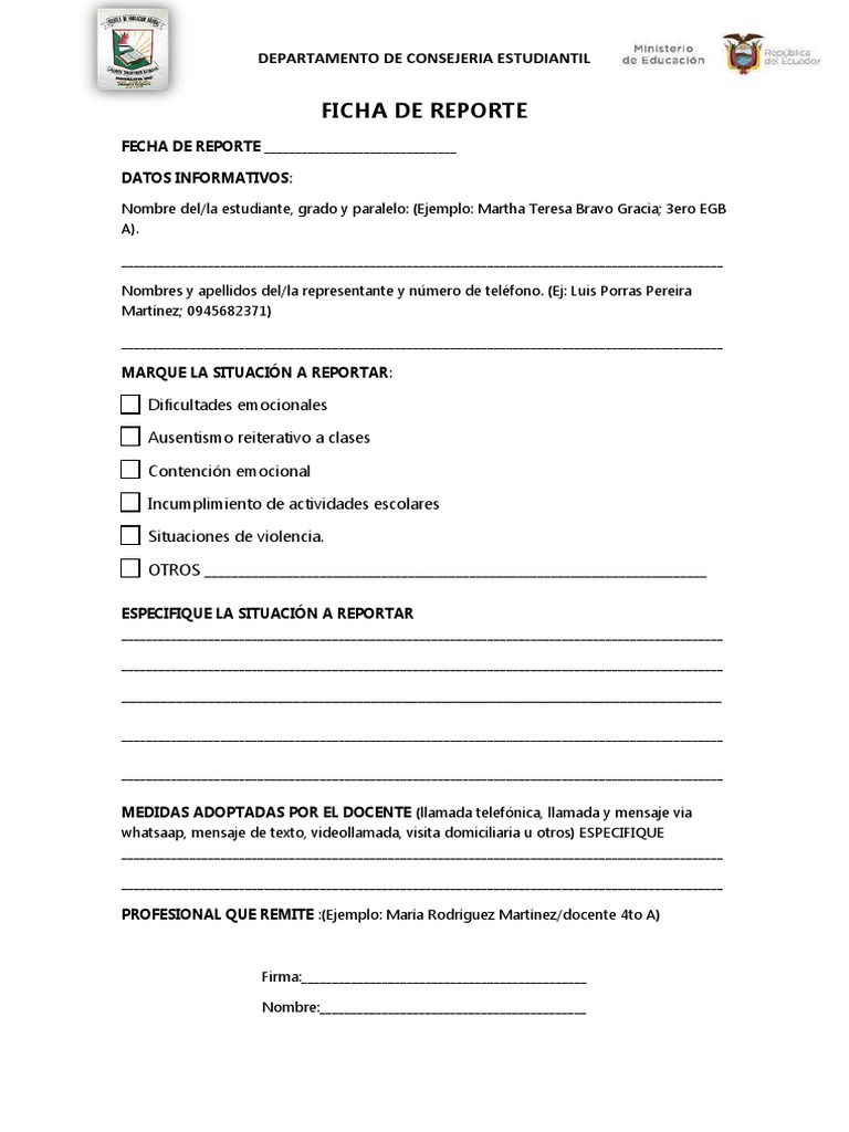 Ficha de Reporte Estudiantil | PDF