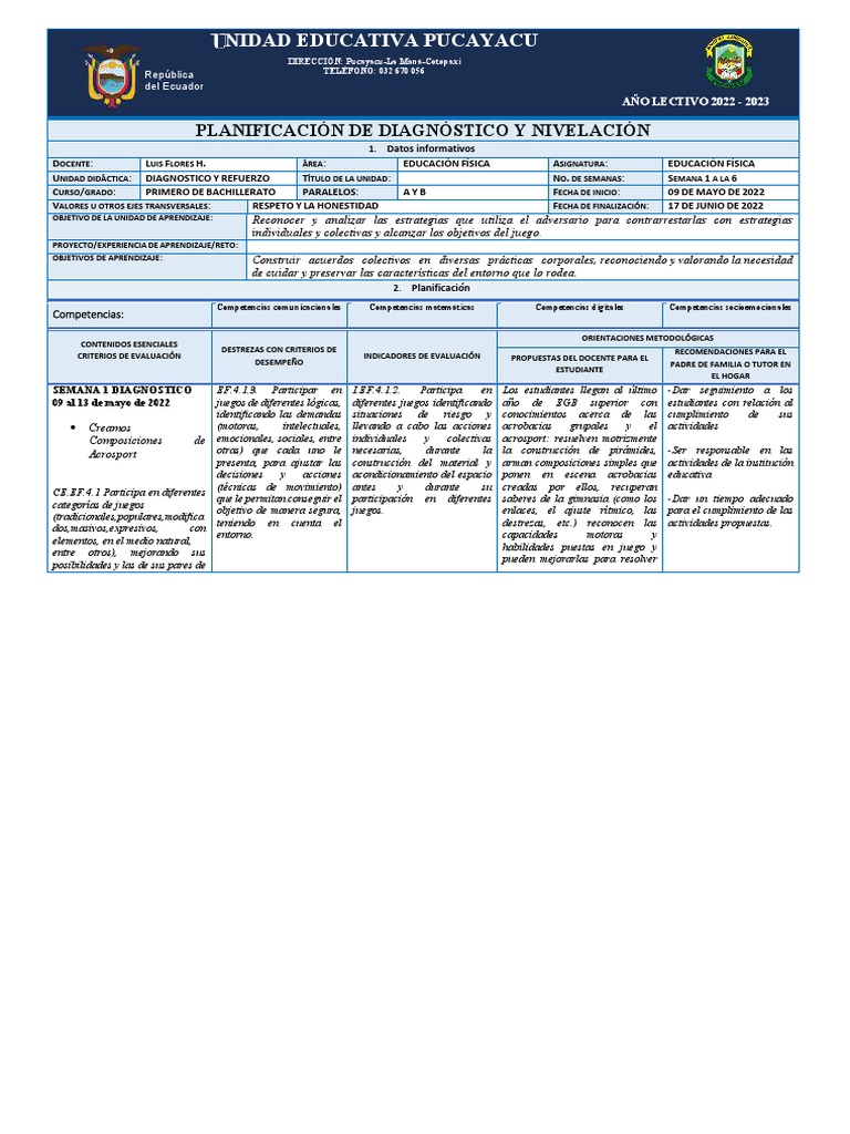 PLAN DIAG y Nivelacion-1bgu. EEFF-2022 | PDF | Evaluación | Aprendizaje