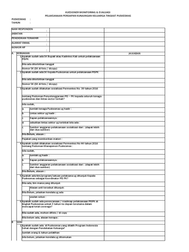 Kuesioner Monev Pispk 2022 | PDF