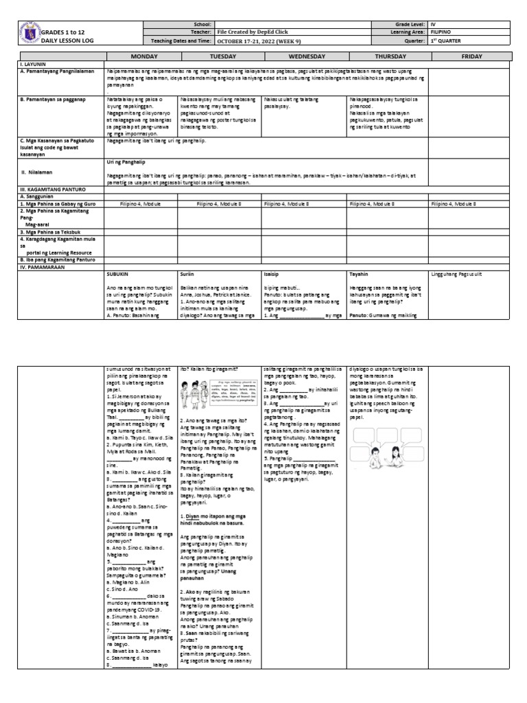 DLL - Filipino 4 - Q1 - W9 | PDF