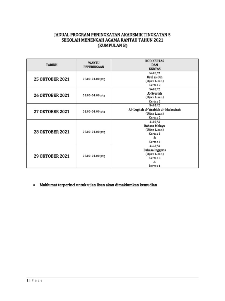Kumpulan B - Jadual Program Peningkatan Akademik 2021 Smar | PDF