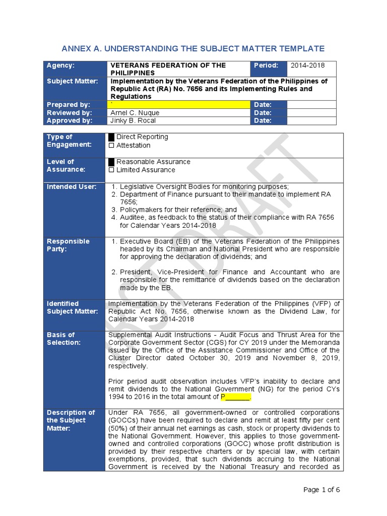 Annex A. Understanding The Subject Matter Template | PDF | Taxes ...