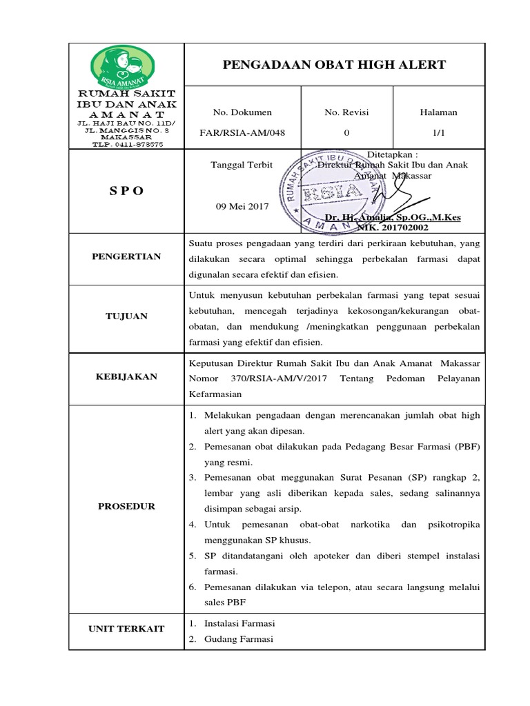 Pengadaan Obat High Alert RSIA Amanat | PDF