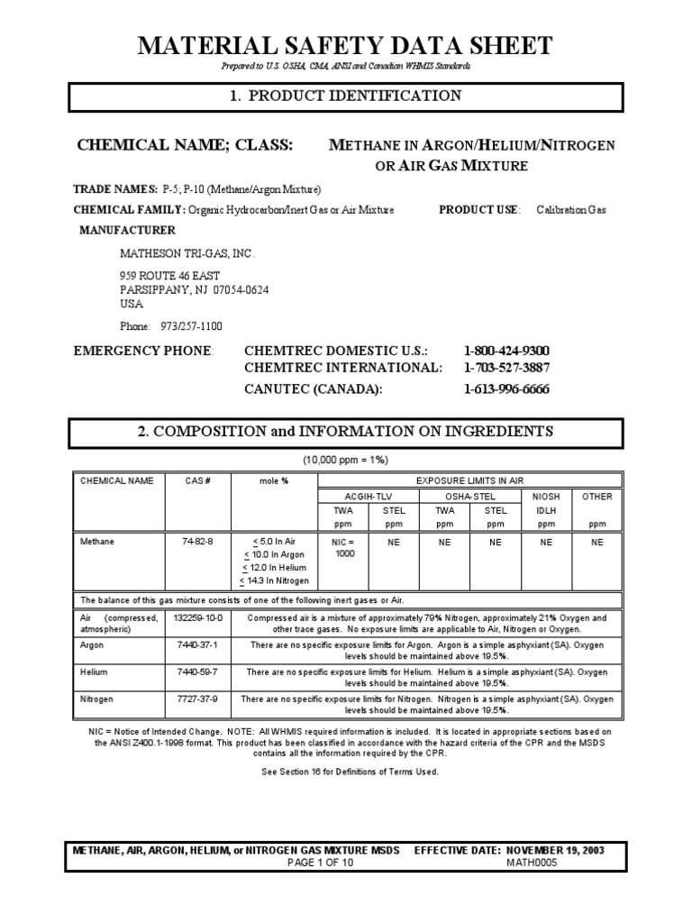Matheson MSDS Sheet Methane Air | PDF