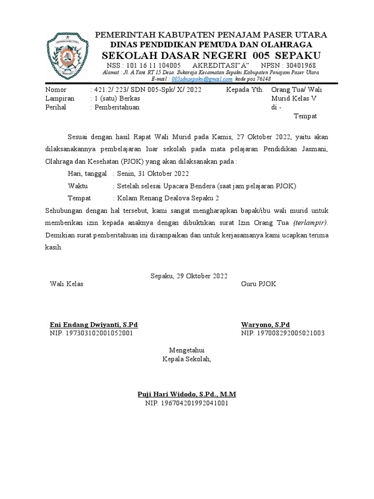 Pemberitahuan Kegiatan Pembelajaran Luar Sekolah | PDF