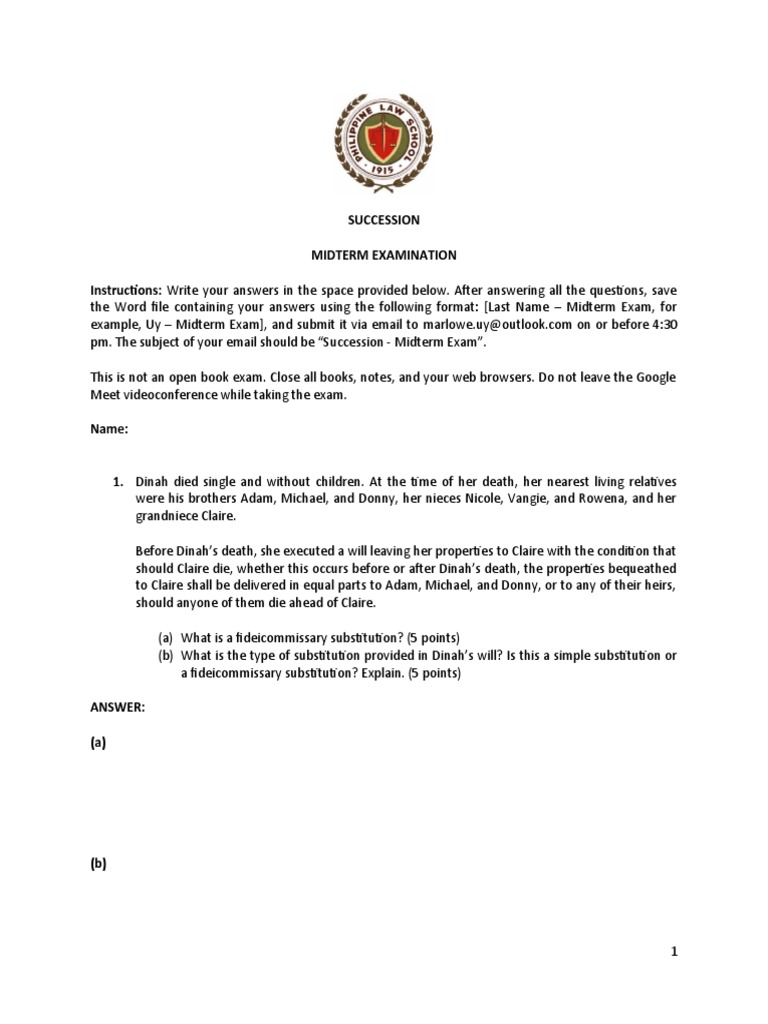 Succession Midterm Exam Instructions | PDF | Will And Testament ...