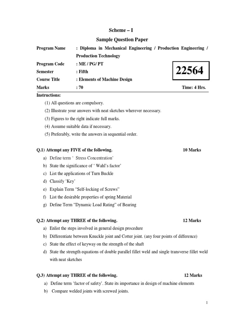Sample Question Paper EMD Ischeme | PDF | Screw | Stress (Mechanics)