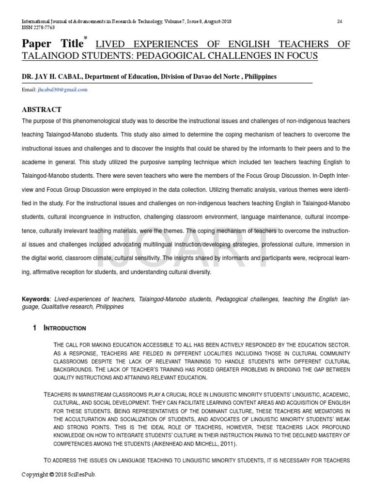 Lived Experiences of English Teachers of Talaingod Students Pedagogical Challenges in Focus ...