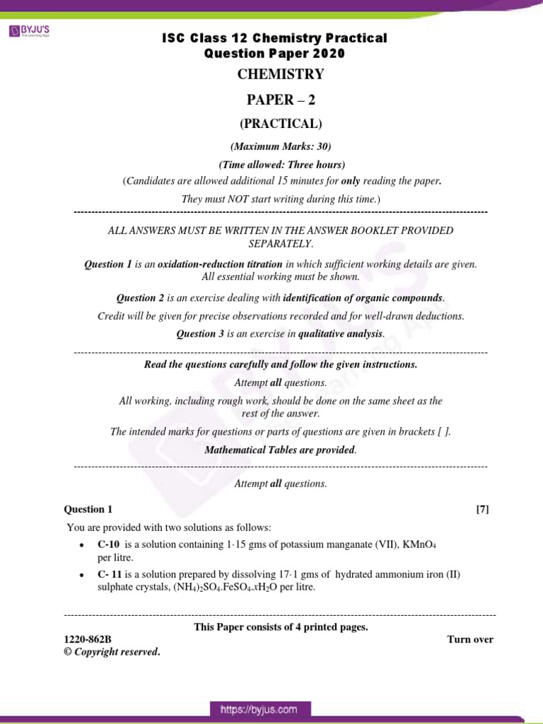 ISC Class 12 Chemistry Practical Question Paper 2020 | PDF | Ion | Materials