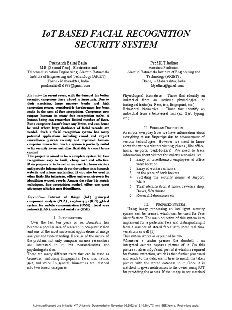 IoT Based Facial Recognition Security System | PDF | Biometrics ...